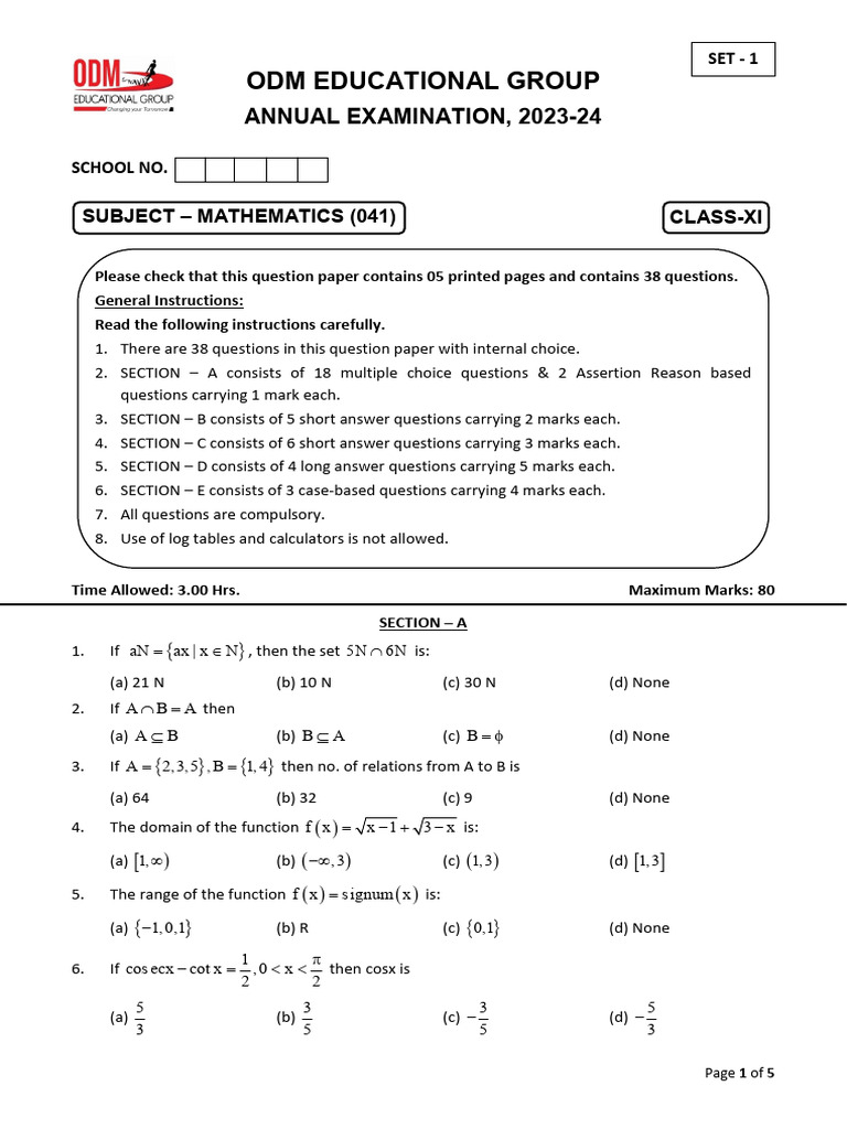 XI Mathematics Set 1 Umakanta Sahoo | PDF | Mathematics | Elementary ...