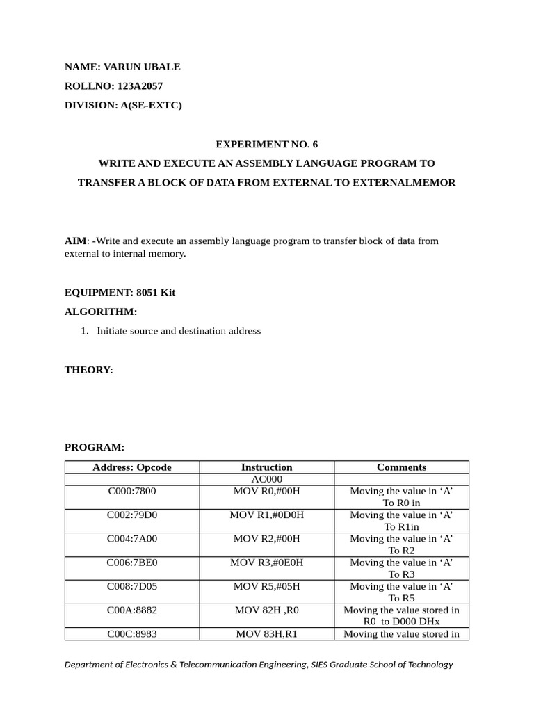 8051 Assembly Program for Data Transfer | PDF | Office Equipment ...