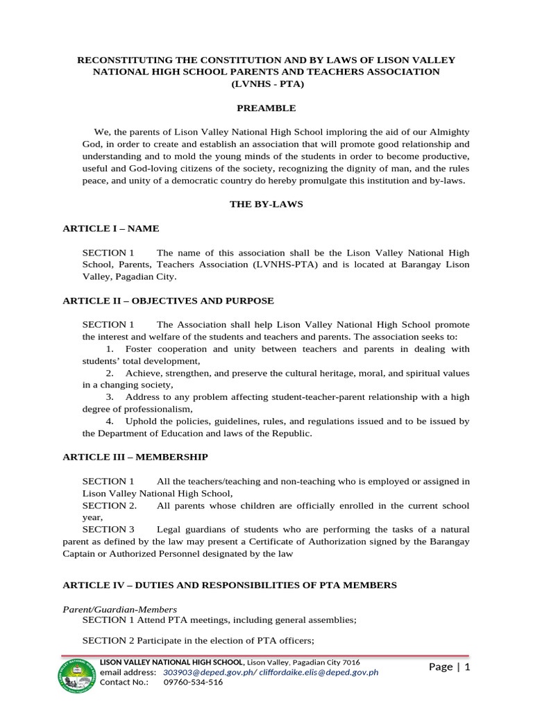 LVNHS Pta Constitution and by Laws | PDF | Quorum | Government