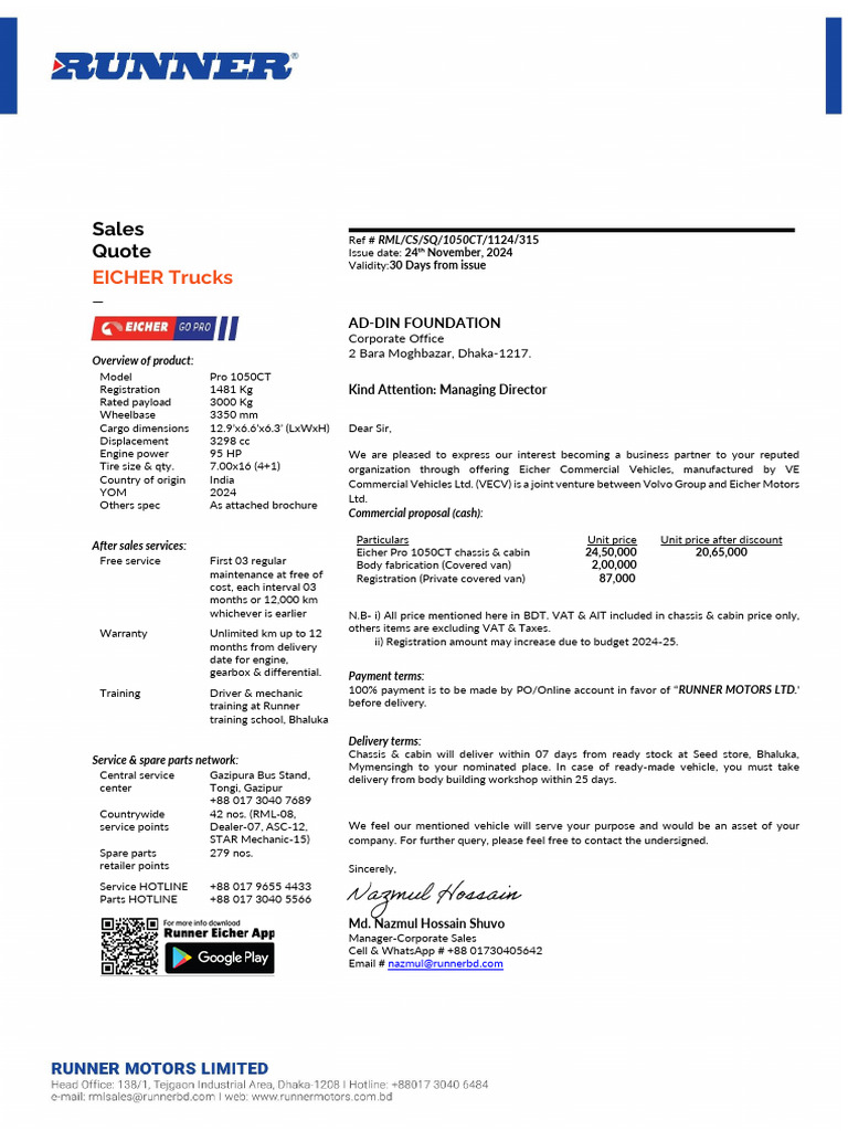 Ad-din Foundation -Pro 1050-Cash Offer | PDF | Truck | Commercial Vehicles