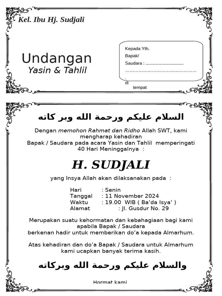 Undangan Yasin dan Tahlil H. Sudjali | PDF