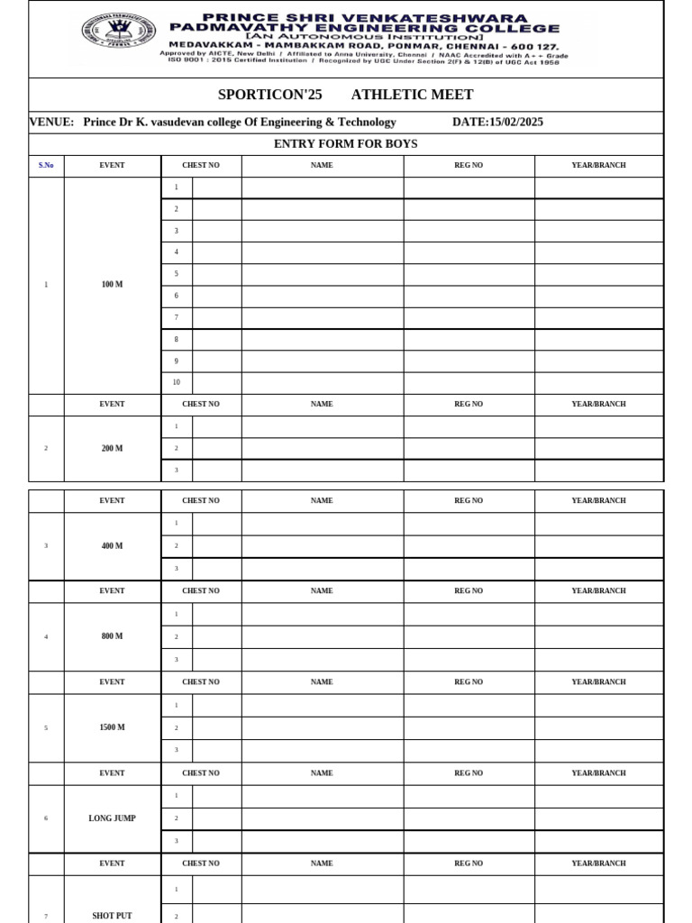 Psvpec Athletic Entry Form | PDF | Sport Of Athletics | Athletic Sports