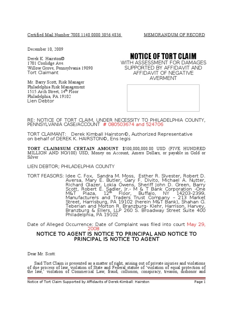 Notice of Tort Claim: With Assessment For Damages Supported by ...