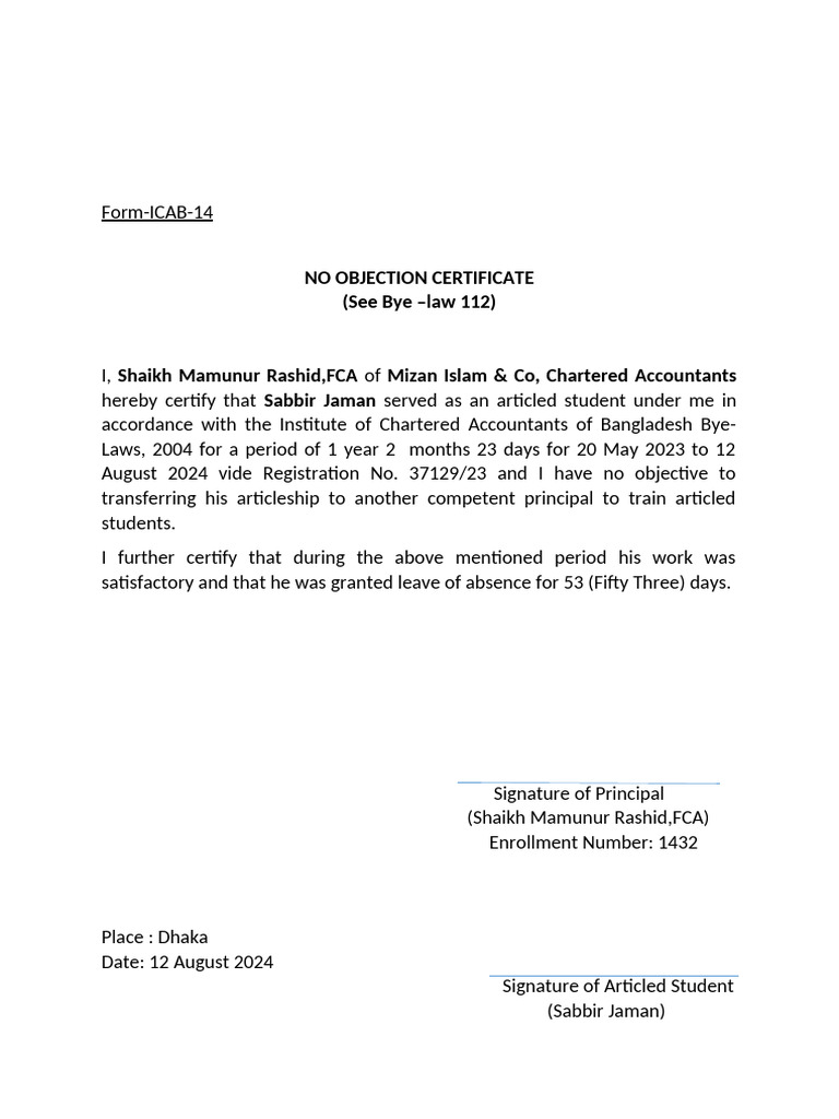 NOC for Sabbir Jaman's Articleship | PDF