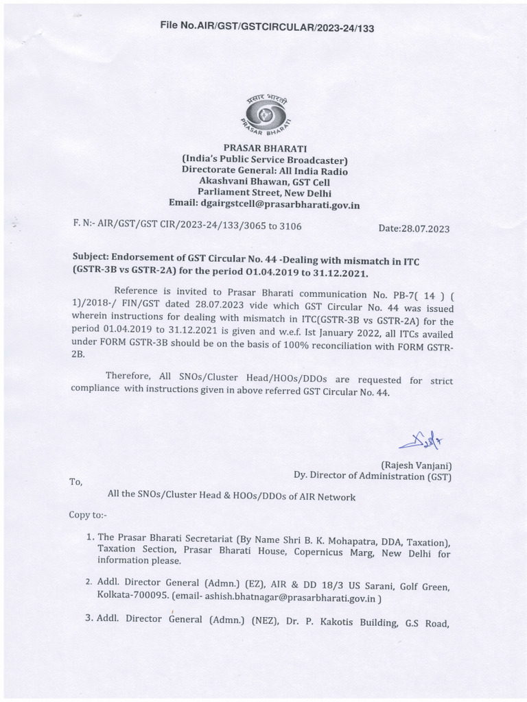 GST Circular 44: ITC Mismatch Guidelines | PDF | Invoice | Tax Credit