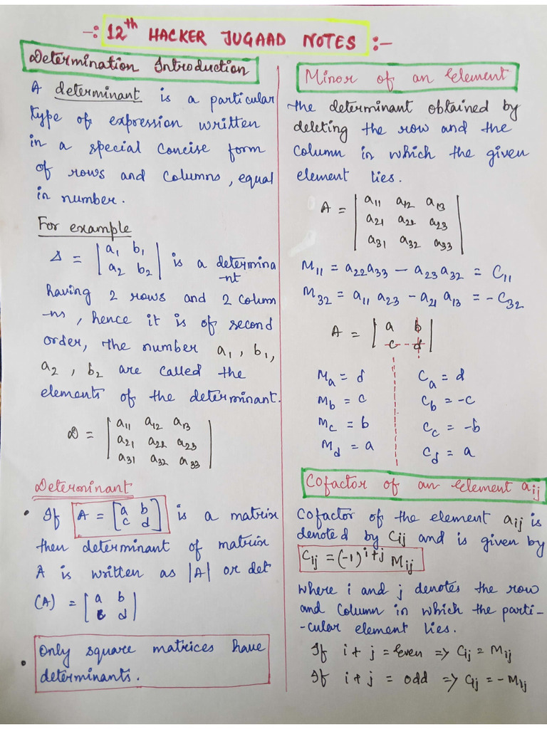 Determinants Class 12th Board Short Notes | PDF