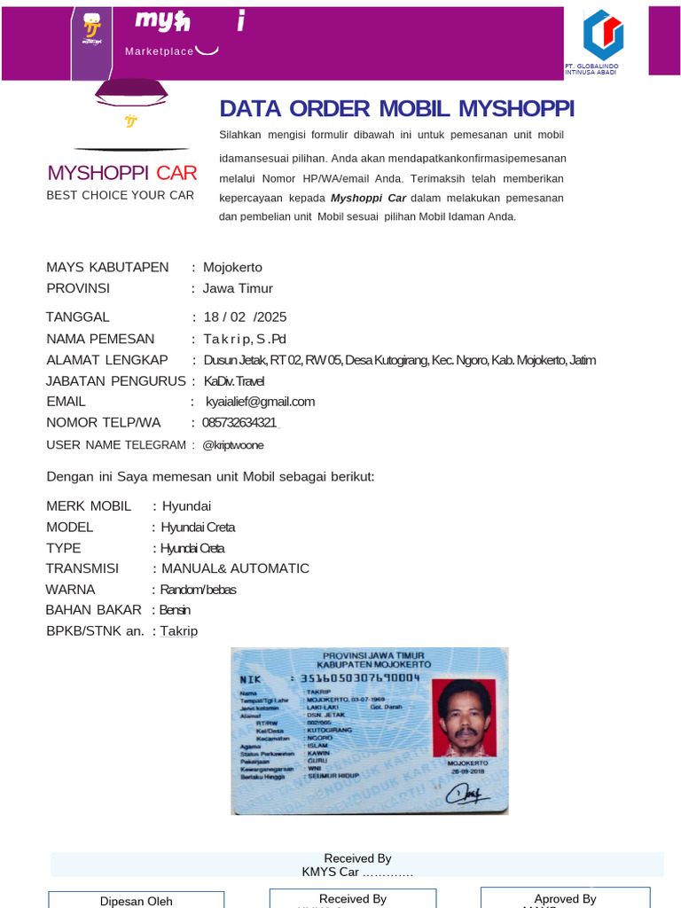 TAKRIP, S.Pd ; FORM PEMESANAN MOBIL PROGRAM MYSHOPPI TEAM 012025(2) | PDF