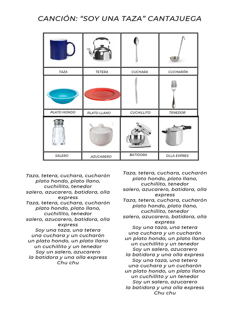 Letra de "Soy una taza" Cantajuego | PDF | Cuchara | Vajilla