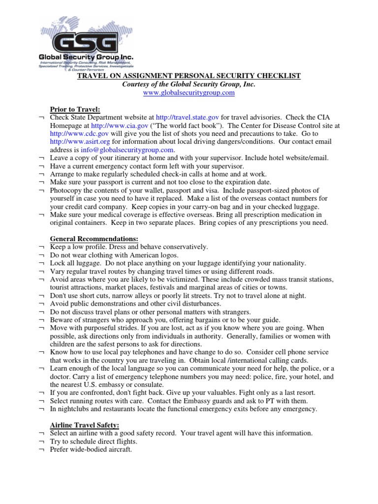 Executive Protection Travel Checklist | PDF | Traveler's Cheque | Money
