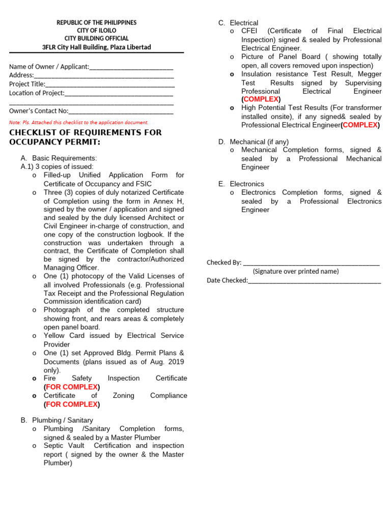 2 Occupancy Checklist Requirements | PDF