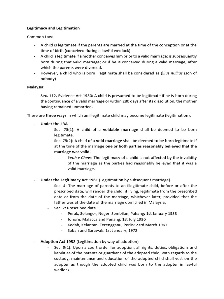 Legitimacy and Legitimation | PDF | Legitimacy (Family Law) | Marriage