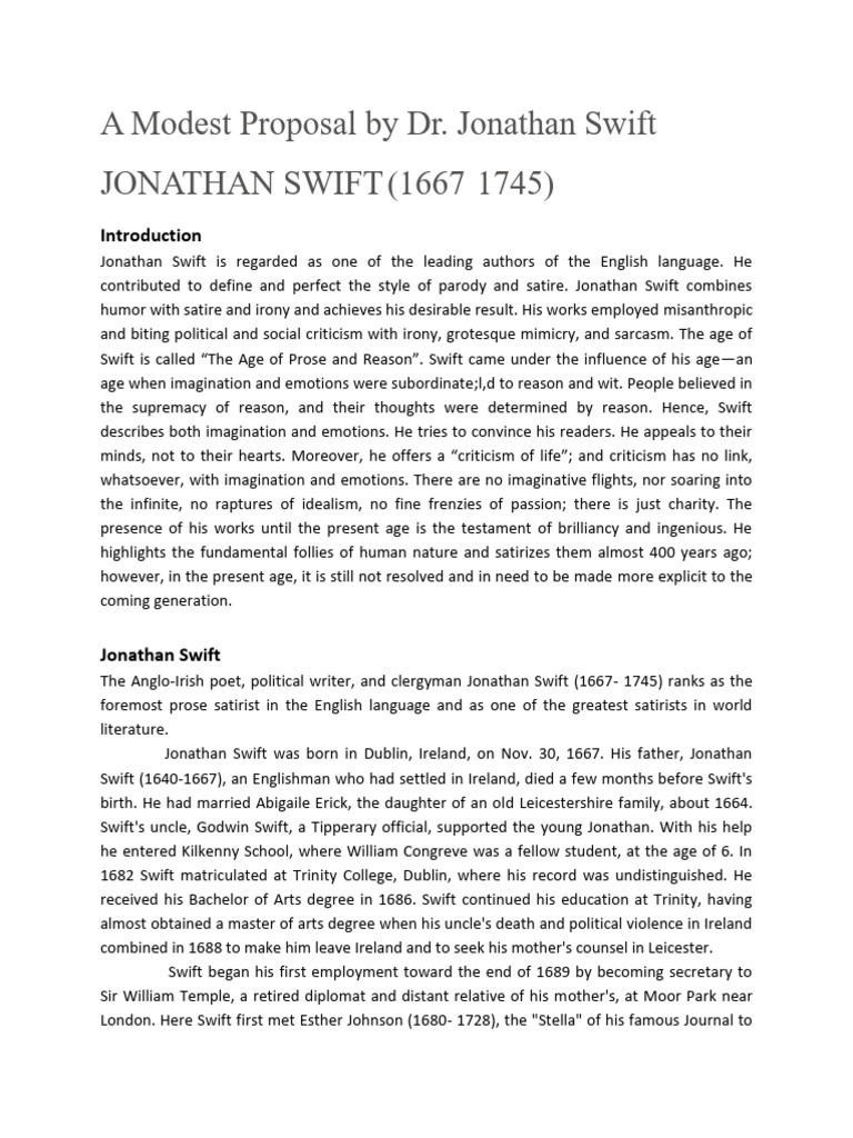 A Modest Proposal by jonathan swift NOTES ADN TEXT | PDF | Jonathan ...