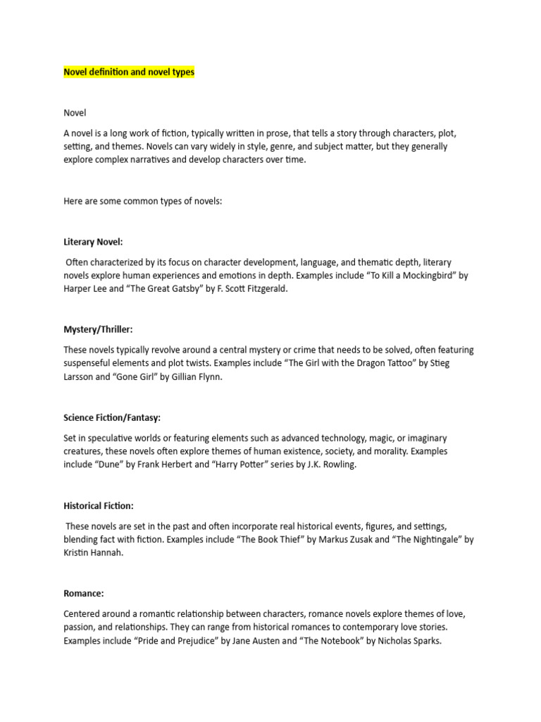 Types and Features of Novels | PDF | Novels | Romance Novels
