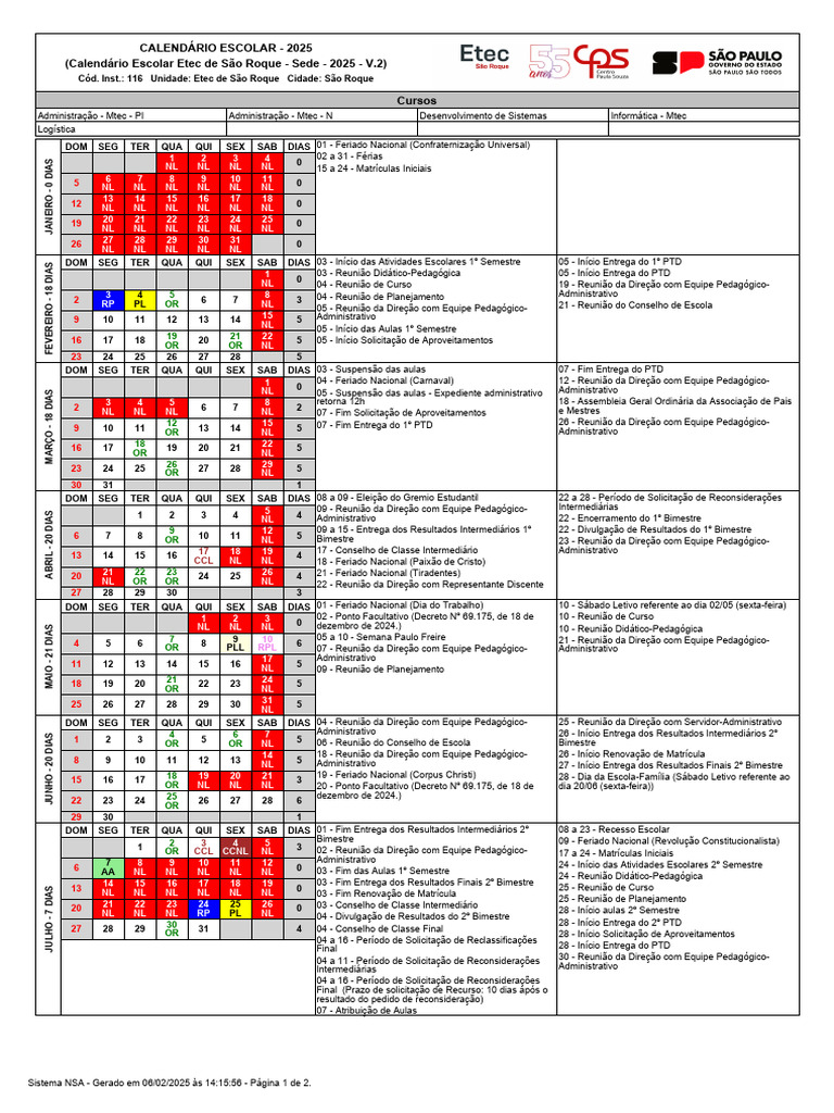 Calendário Escolar Etec de São Roque - Sede - 2025 - V.2 | PDF | Brasil