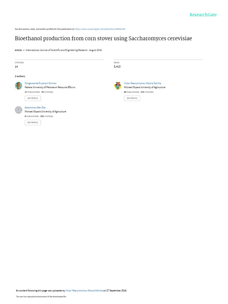 Bioethanol-production-from-corn-stover-using-Saccharomyces-cerevisiae | PDF | Biofuel | Ethanol