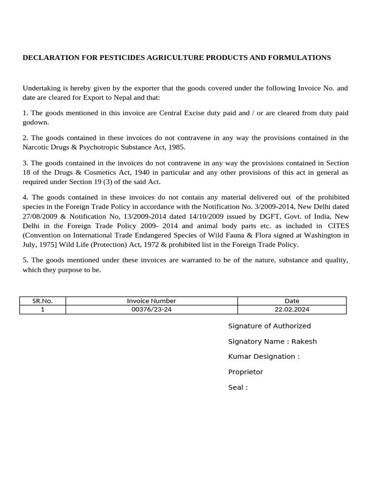 Pesticide Export Declaration Form | PDF