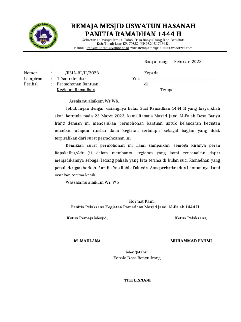 Permohonan Bantuan Kegiatan Ramadhan 1444 H | PDF