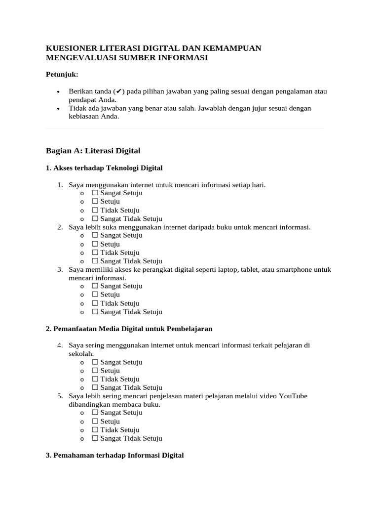 Kuesioner Literasi Digital dan Evaluasi Informasi | PDF