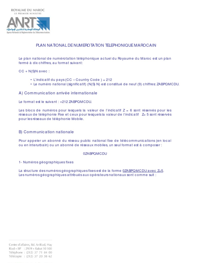 Plan de numérotation téléphonique marocain | PDF | Maroc | Téléphonie
