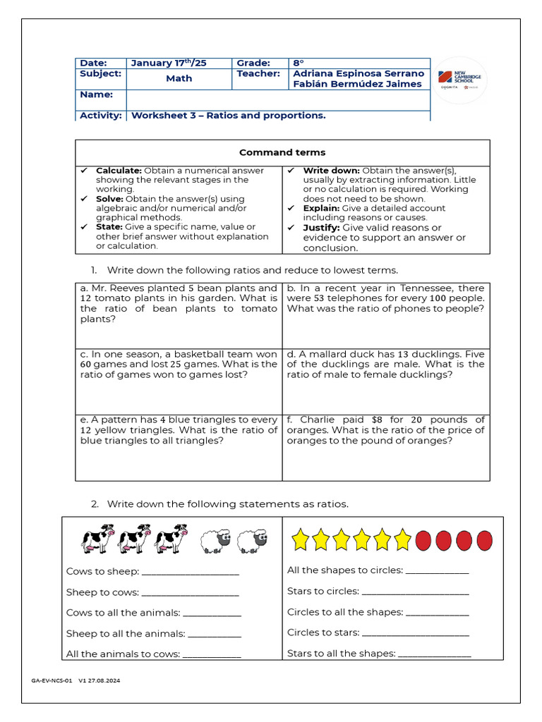 Worksheet 3 -Ratios and proportions | PDF | Ratio
