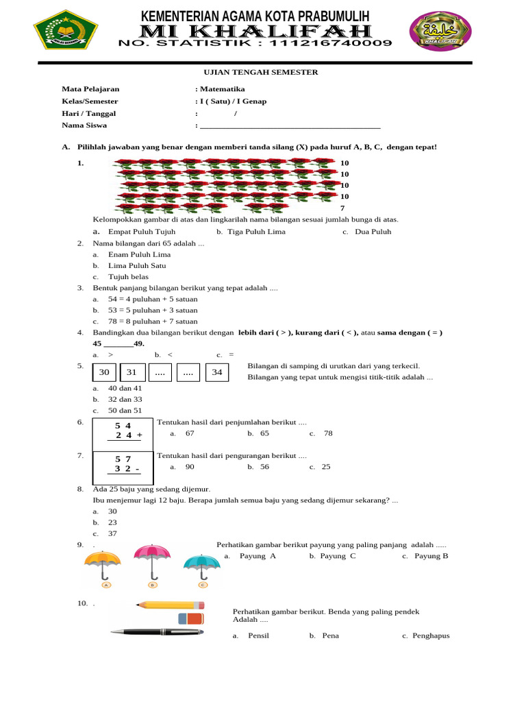SOAL UtS_MTK_KELAS_1_TA.2024_2025 [SMT2] (Autosaved) | PDF
