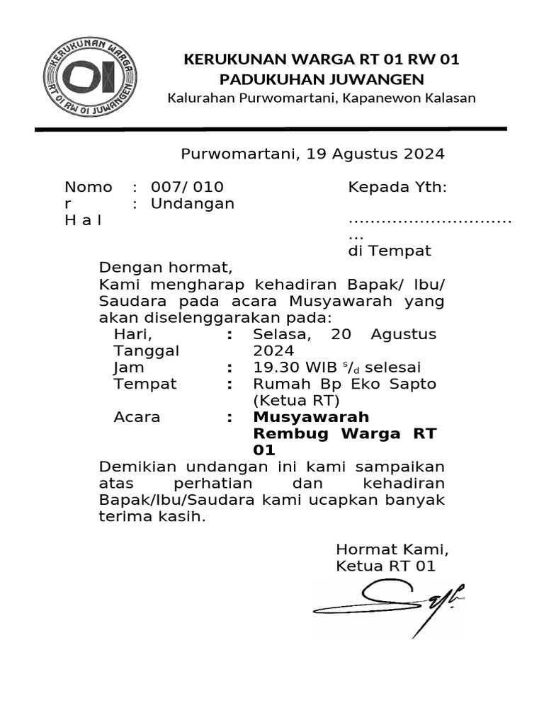 Surat Undangan RT 01 Buat Baru | PDF