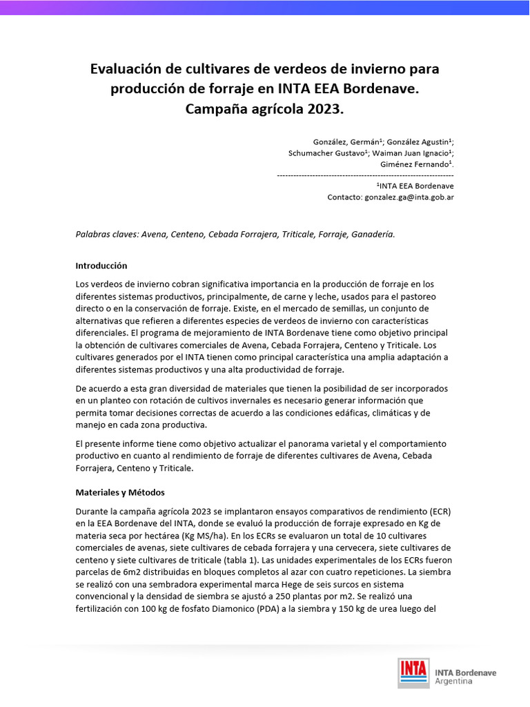 INTA CRBsAsSur EEABordenave González, G Evaluación Cultivares Verdeos ...