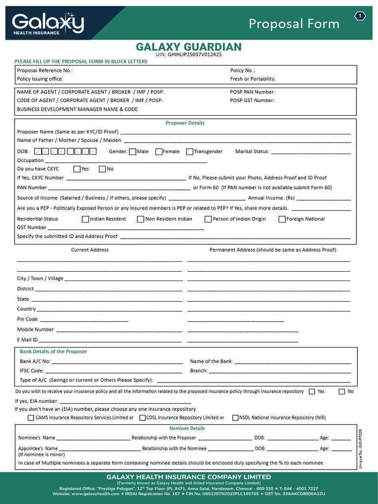 Galaxy Health Insurance Proposal Form | PDF | Insurance | Payments