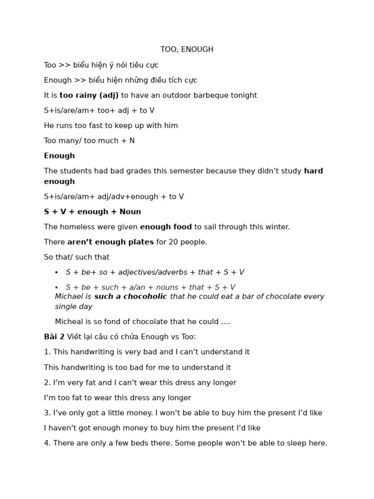 English Grammar: Too vs. Enough | PDF