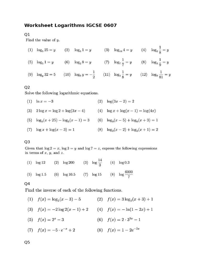 Worksheet Logarithms IGCSE 0607 | PDF