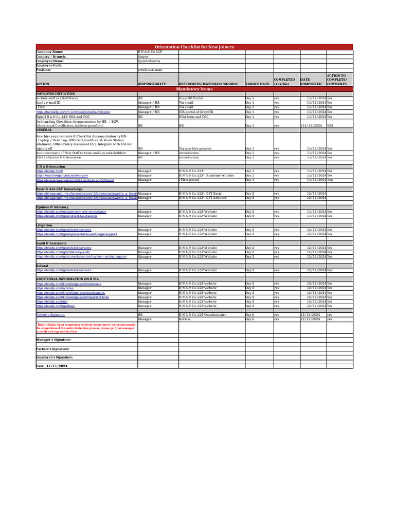 Orientation Check List | PDF