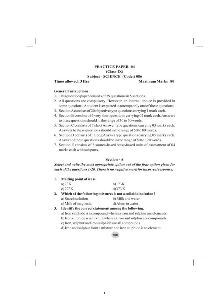 Science Practice Paper 4 class 9 | PDF