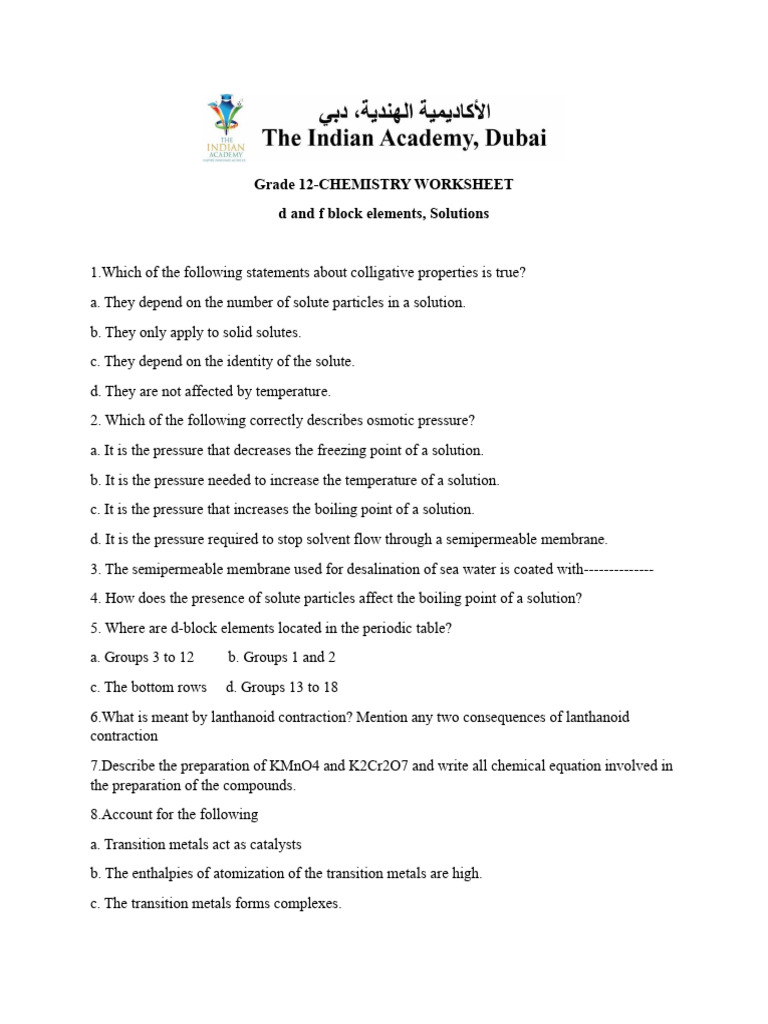 Work Sheet-Solutions & D and F Block Elements | PDF