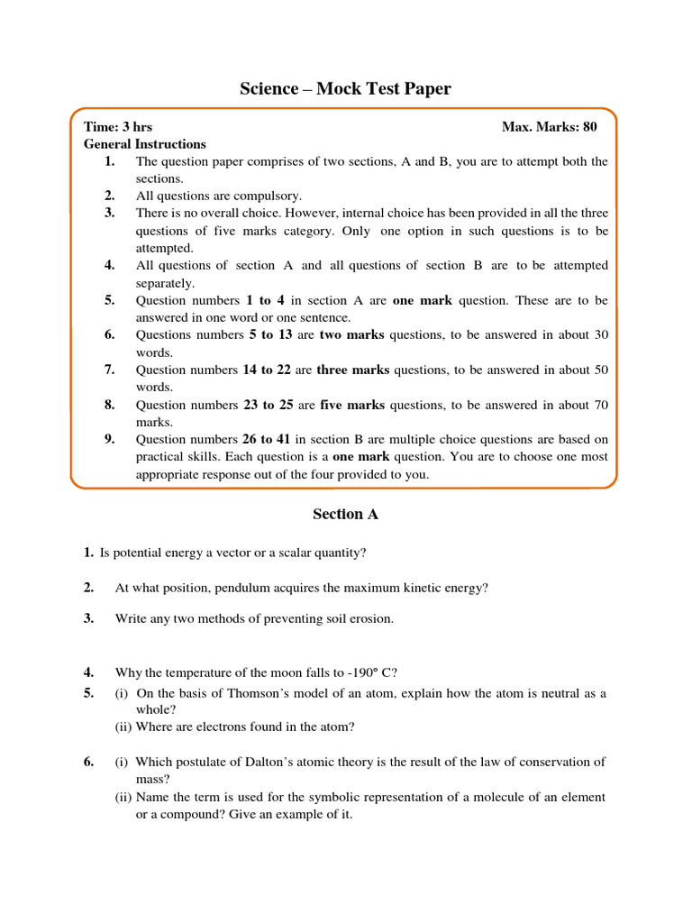Science Mock Test Paper for Students | PDF | Chloride | Mass