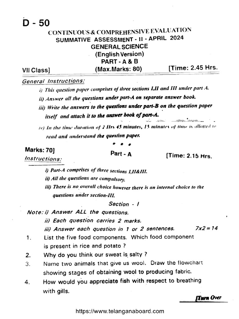 Tsbie Class 7 Sa2 General Science D 50 Apr 2024 | PDF