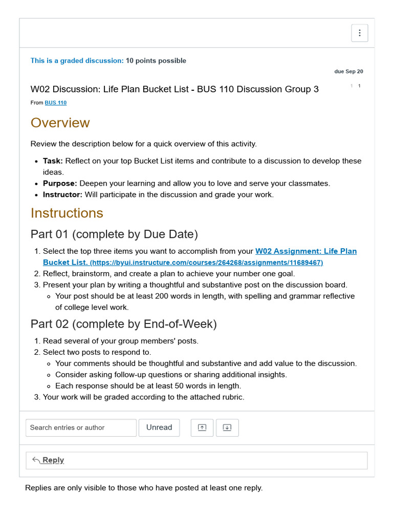 BUS 110 Life Plan Bucket List Discussion | PDF