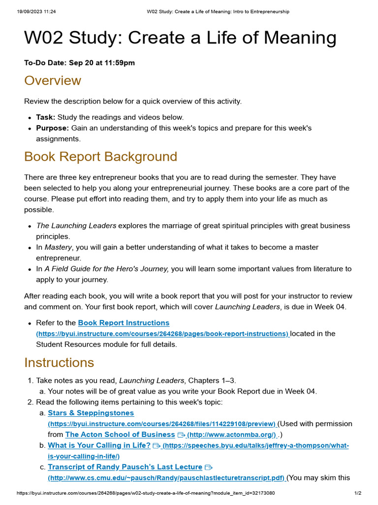 W02 Study - Create A Life of Meaning - Intro To Entrepreneurship | PDF | Entrepreneurship | Learning