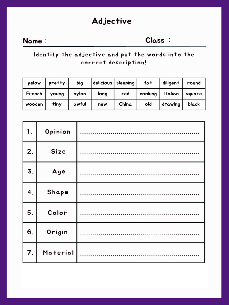 Adjective: Name: Class | PDF