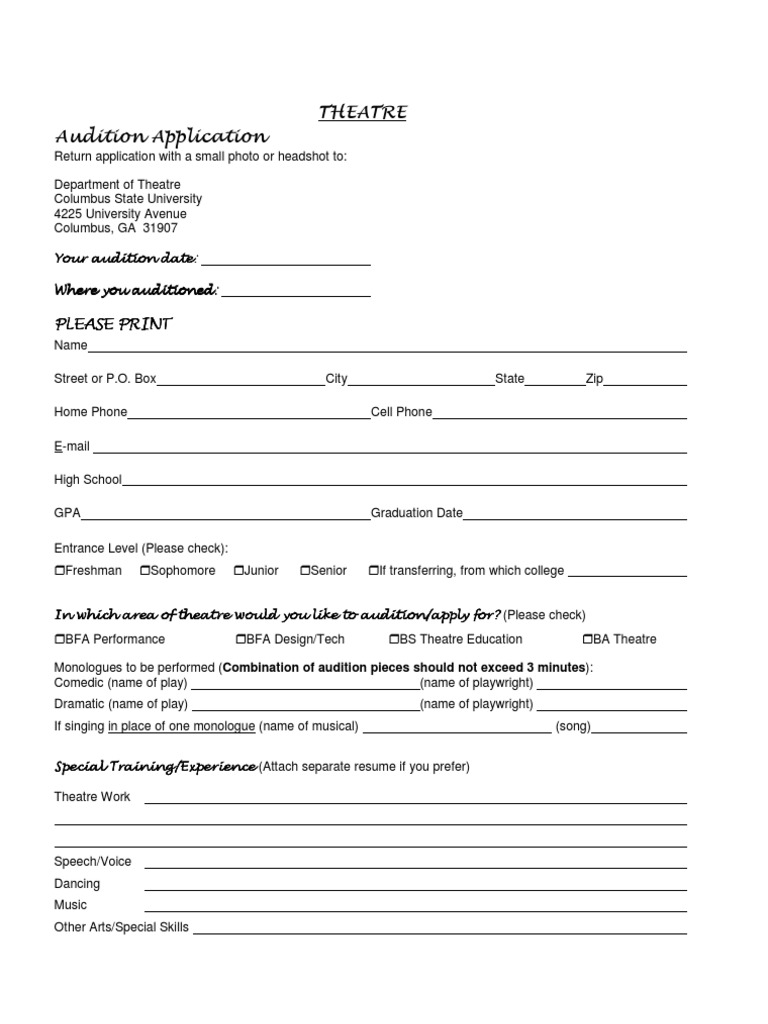 Theatre Audition Application Form | PDF
