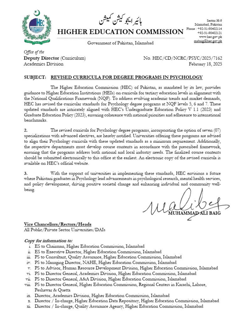 Curriculum For Psychology HEC 2025 | PDF | Bachelor's Degree | Academic ...