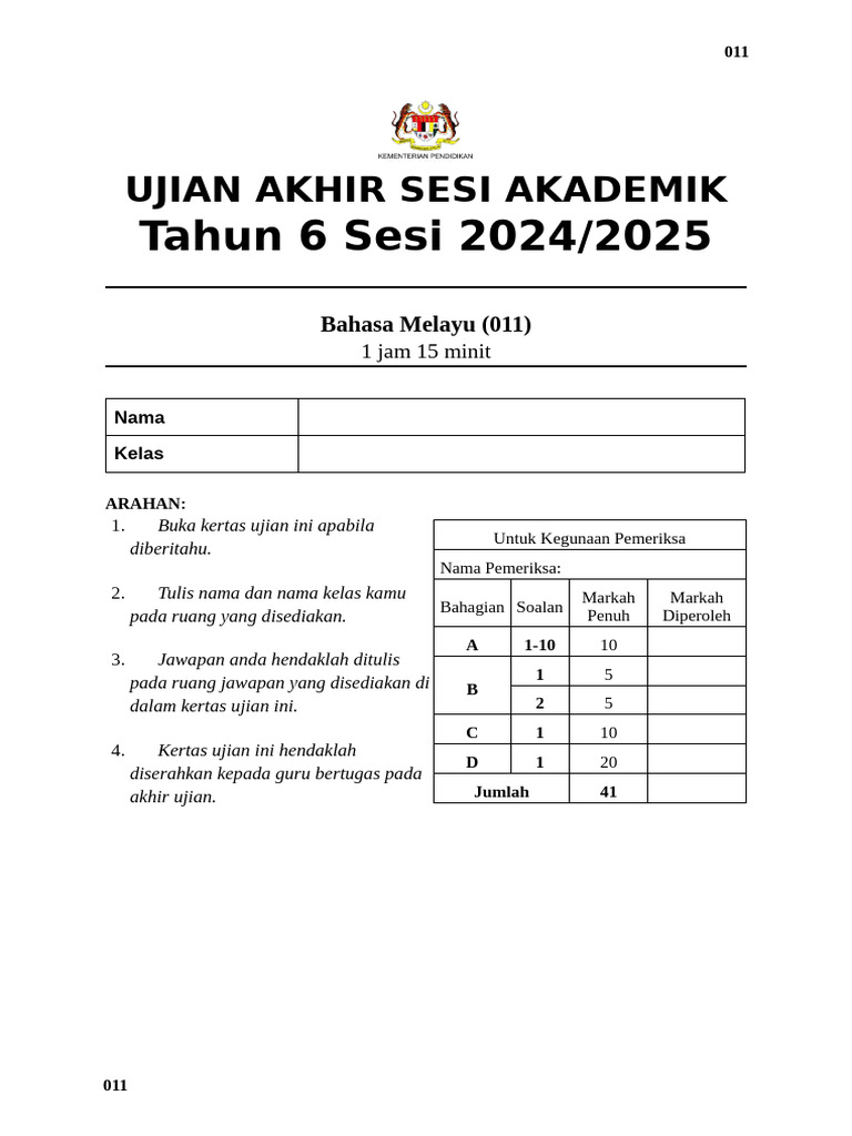 Soalan Uasa Bahasa Melayu Tahun 6 | PDF