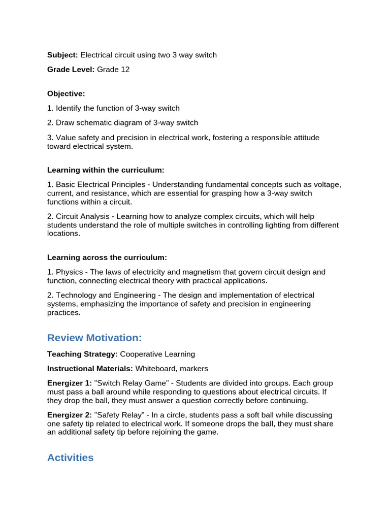 Lesson Plan (11) | PDF | Switch | Electricity
