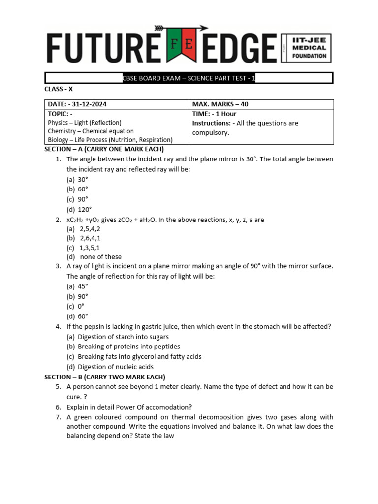 Part Test 1 - Reflection and Human Eye Chemical Equation, Nutrition and ...