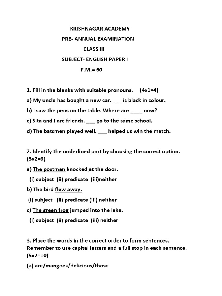 Class III Pre Annual Question Paper All Subjects | PDF