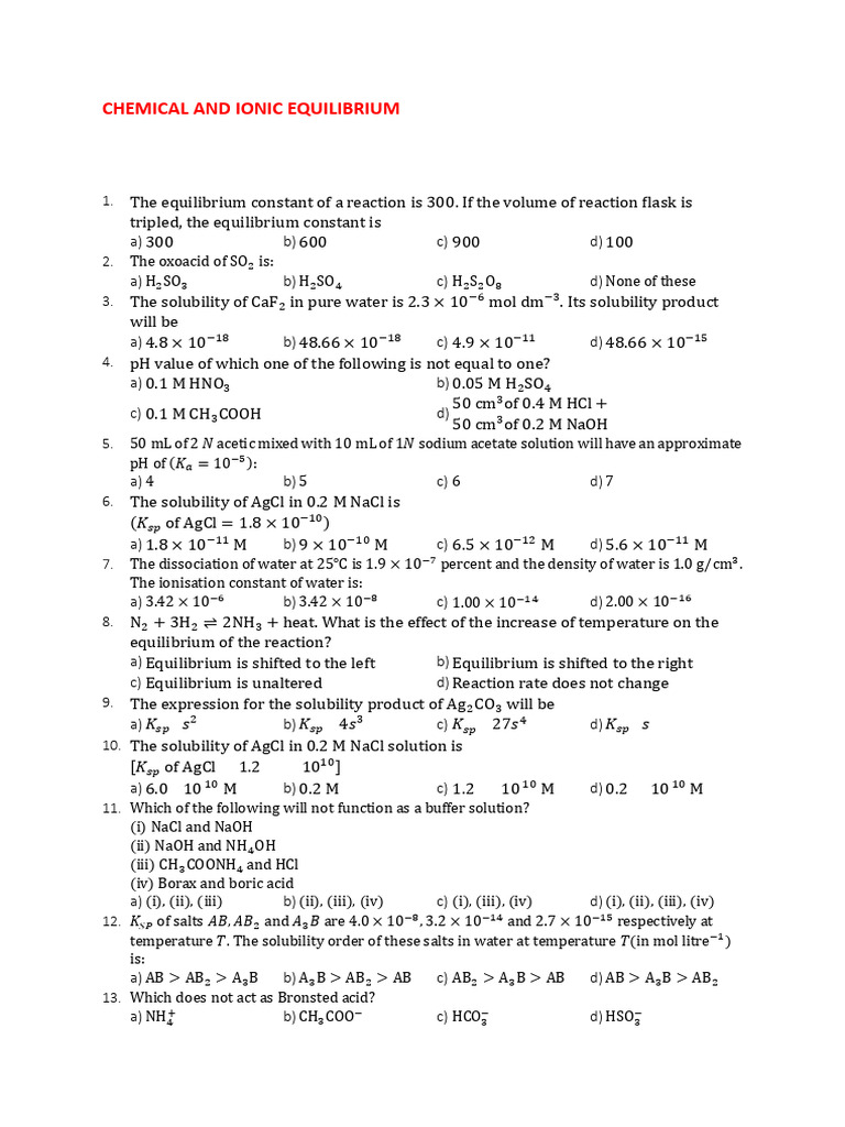 CHEMICAL AND IONIC EQUILIBRIUM | PDF | Chemical Equilibrium | Acid