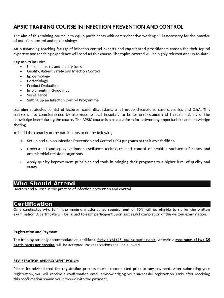 Apsic Training Course in Infection Prevention and Control | PDF