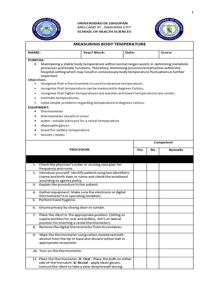 MEASURING-BODY-TEMPERATURE-CHECKLIST_UDD-2024 | PDF | Thermometer ...