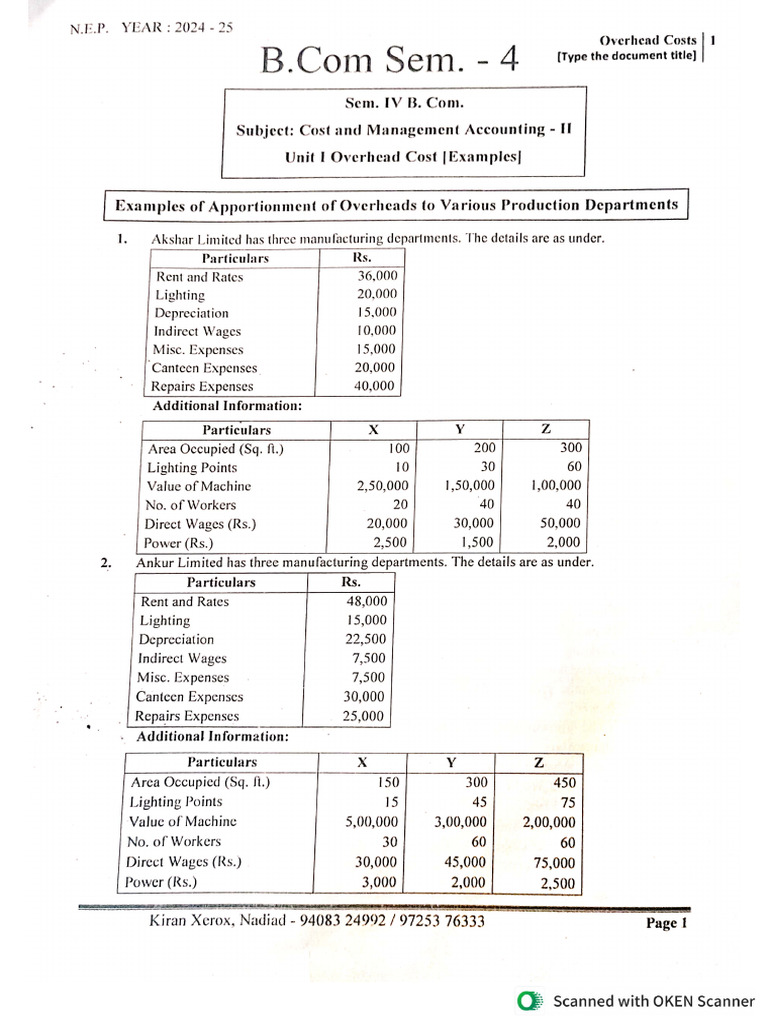 CMA-2, Unit-1 Overhead Cost | PDF