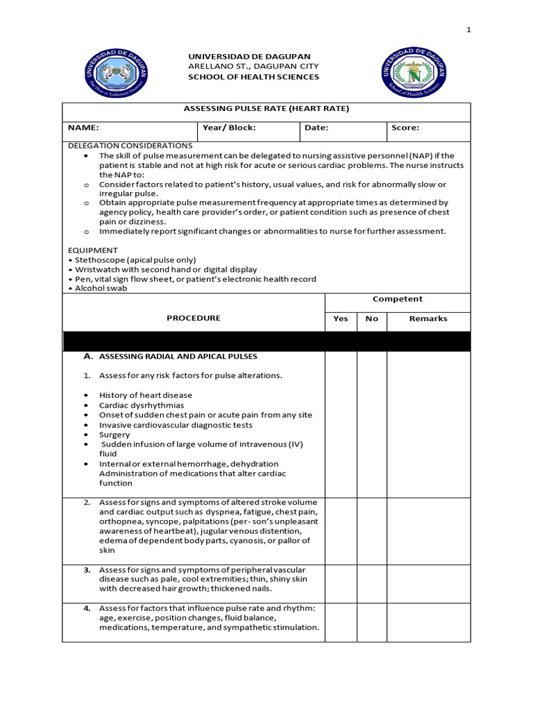 Assessing Pulse Rate Checklist Udd 2024 | PDF | Pulse | Heart