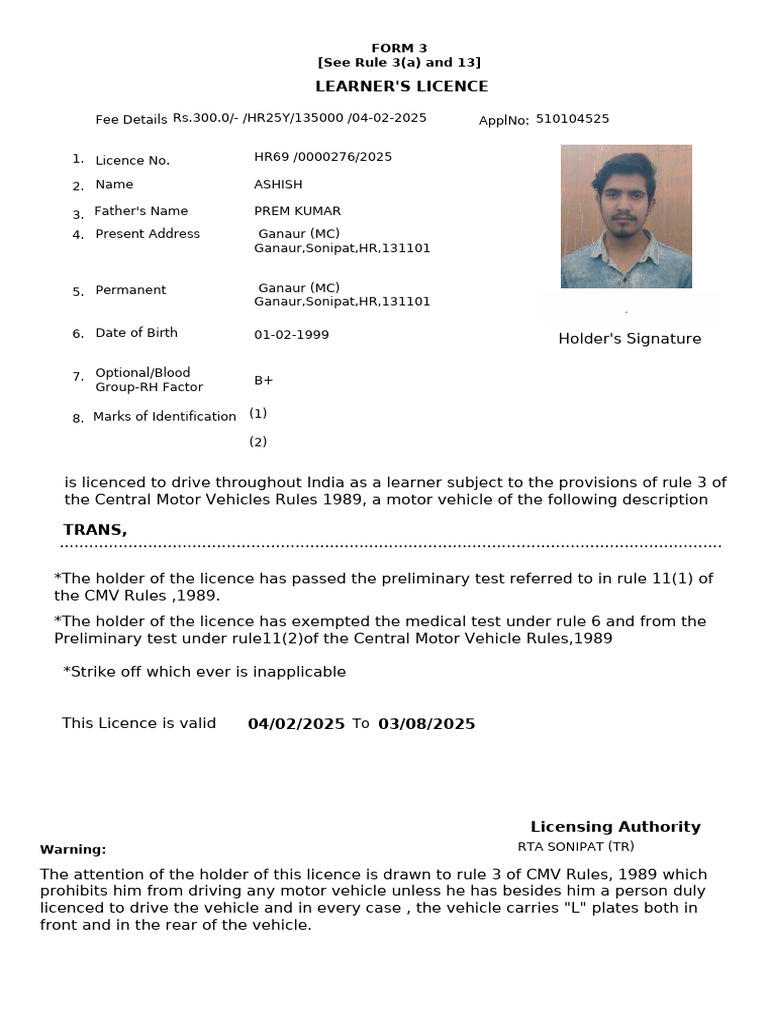 Learner'S Licence: Form 3 (See Rule 3 (A) and 13) | PDF